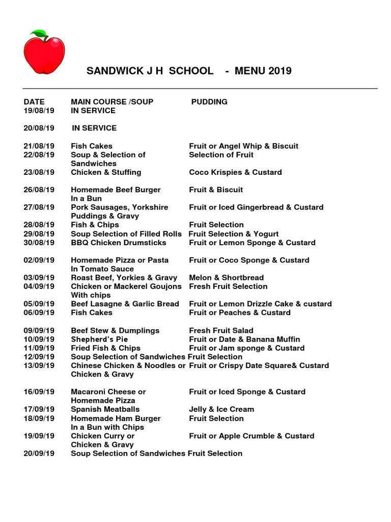 Sandwick JH School Menu Aug-Sep 2019 | PDF | Biscuit | Gravy