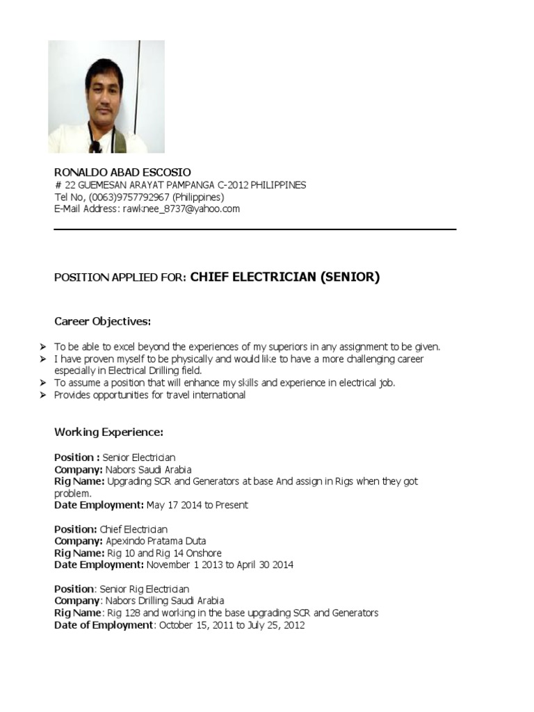Chief Electrician Application - Ronaldo Escosio | PDF | Electrician ...