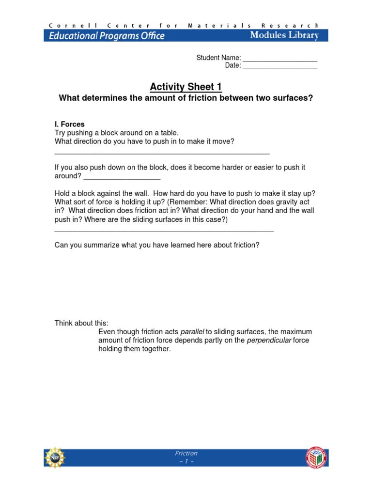 Friction Activity Sheets | Download Free PDF | Friction | Force