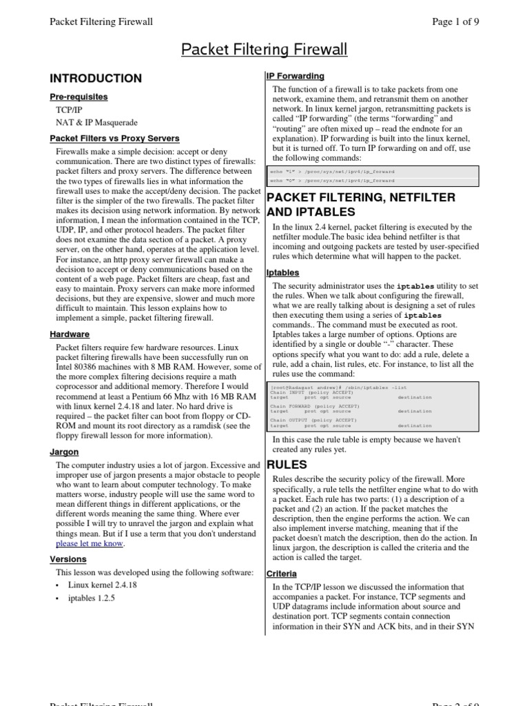 Packet Filtering Firewall | PDF | Transmission Control Protocol | Firewall (Computing)