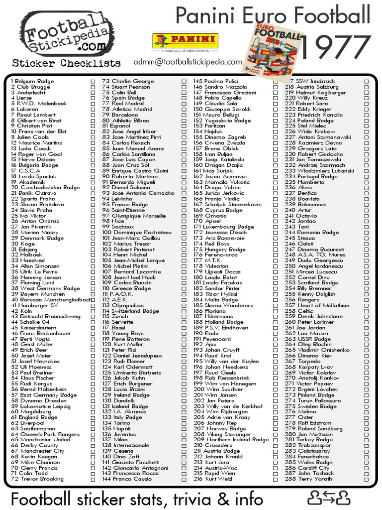Football Sticker Album Checklists: A Guide to Completing Panini Euro ...