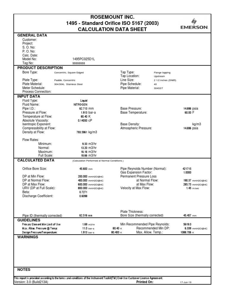 Rosemount Inc. 1495 - Standard Orifice ISO 5167 (2003) Calculation Data ...