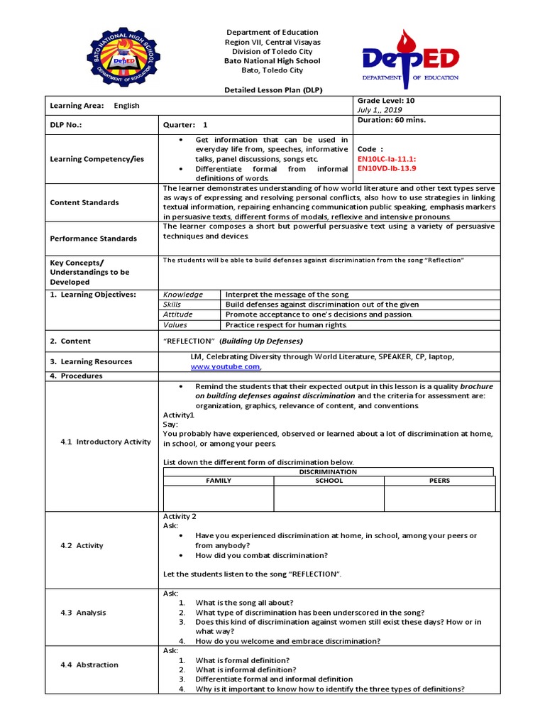 10 Reflection Lesson Plan 10 English | PDF | Lesson Plan | English Language