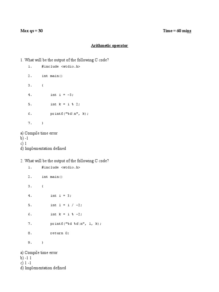 Arithmetic Operator Bitwise Operator C Code Output Pdf Notation Computer Programming