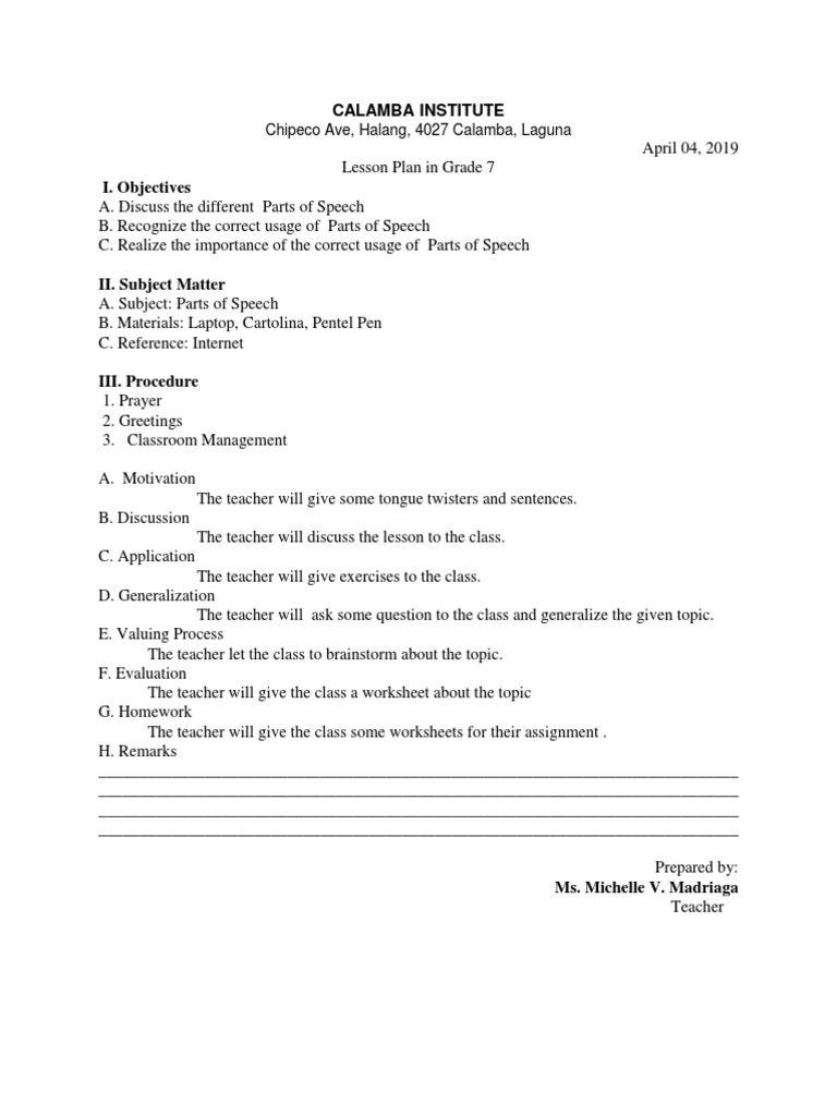 Recognizing Parts of Speech: A Lesson Plan on Grammar Fundamentals | PDF