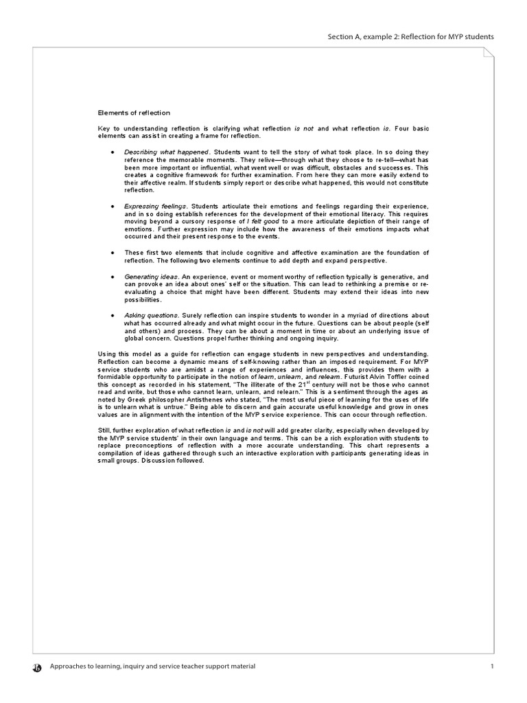 Elements of Reflection: Section A, Example 2: Reflection For MYP ...
