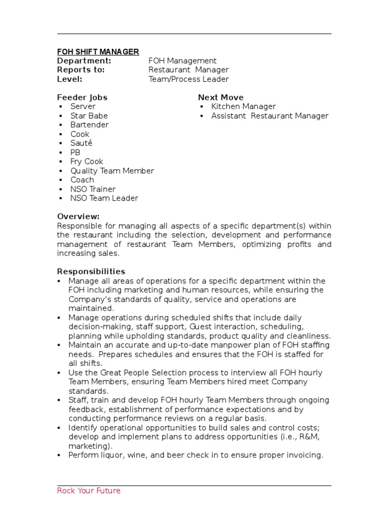 Foh Manager | PDF | Human Resources | Leadership
