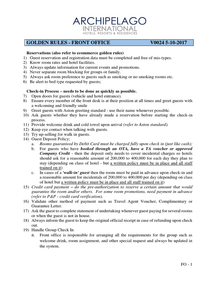 Front Office Golden Rules - English Version v0024 5-10-2017 - Oct | PDF ...
