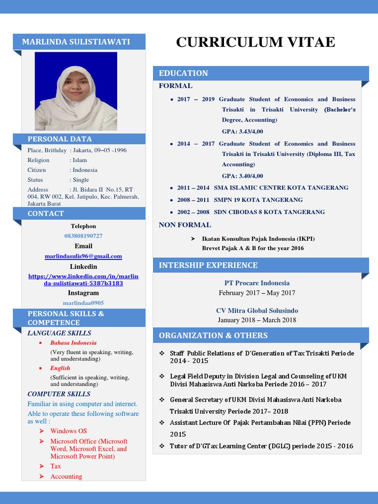 Marlinda Sulistiawati's Curriculum Vitae Detailing Her Education, Work Experience, Skills ...