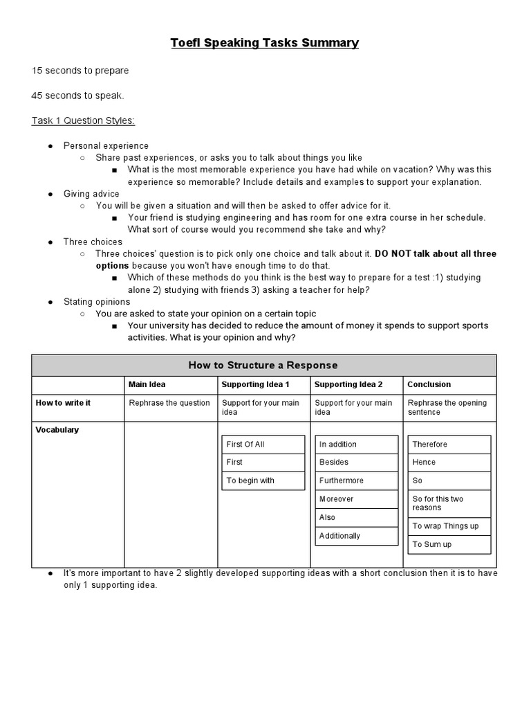 TOEFL Speaking Tasks Overview | PDF | Question | Reason