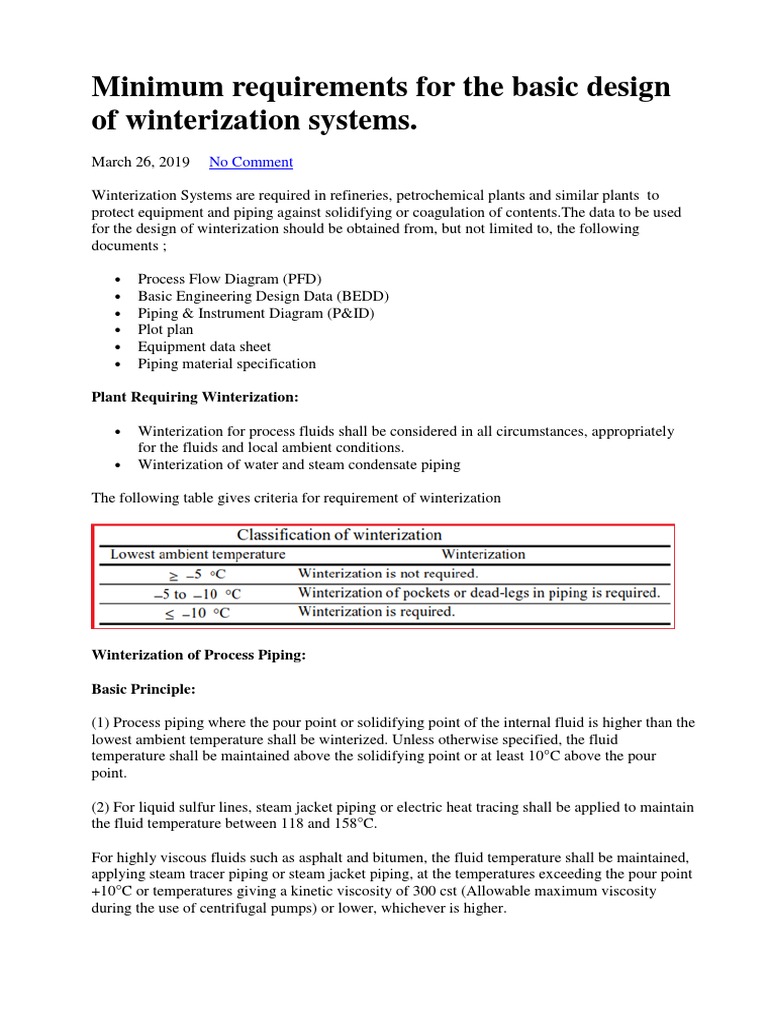 Minimum Requirements For The Basic Design Of Winterization Systems