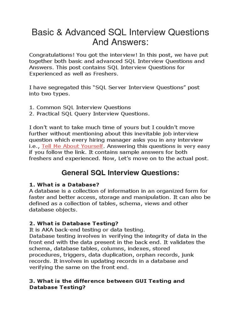 Basic & Advanced SQL Interview Questions and Answers | PDF | Relational Database | Databases