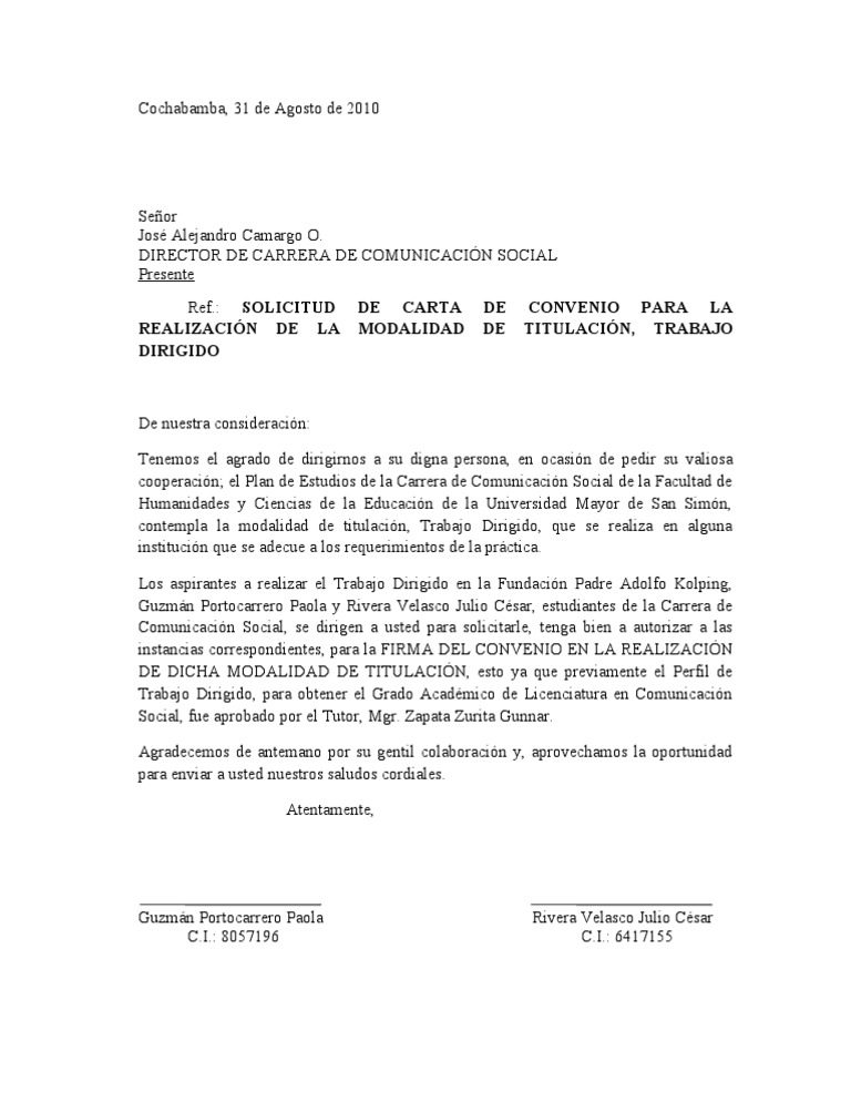 Carta Para Convenio