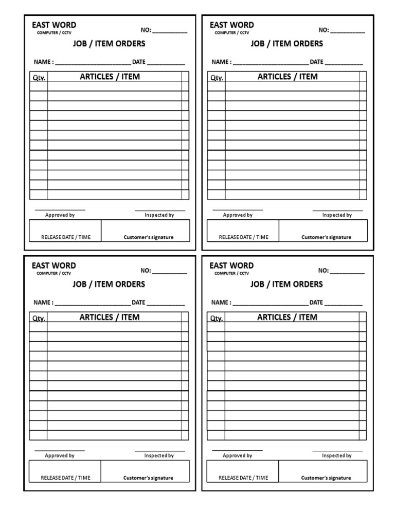 Order Form Template for Computer/CCTV Jobs and Items at East Word ...