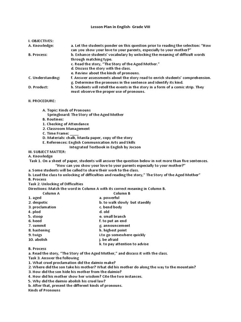 The Story of The Aged Mother G8 PRONOUNS | PDF | Pronoun | Reading ...