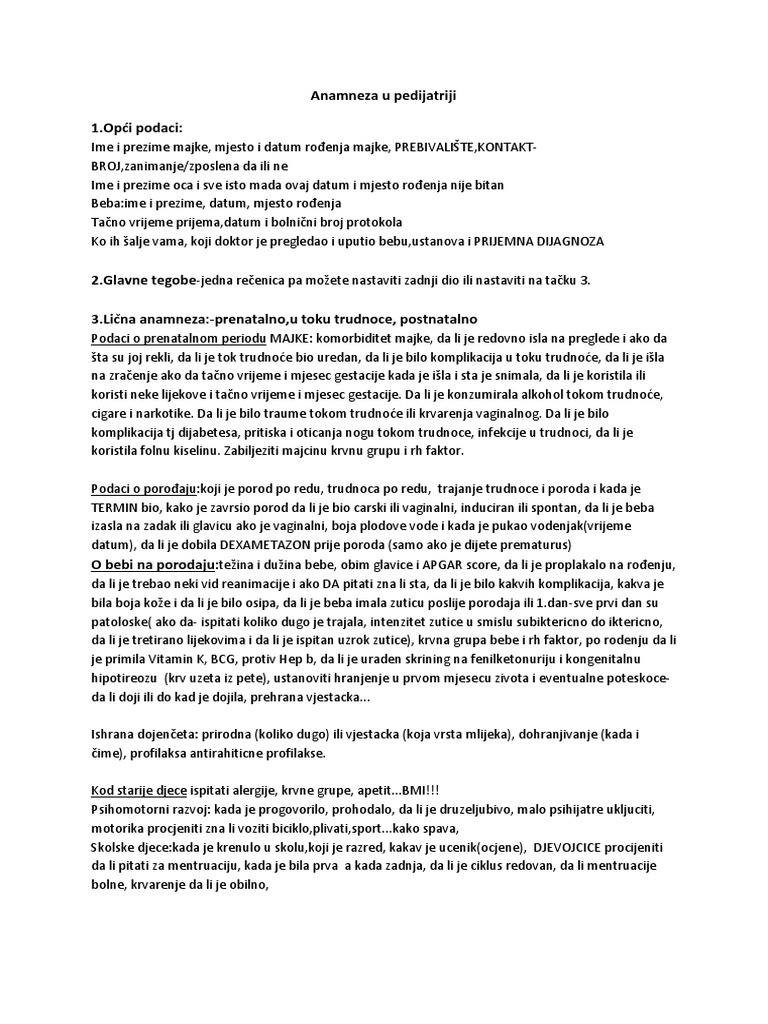 Anamneza U Pedijatriji | PDF