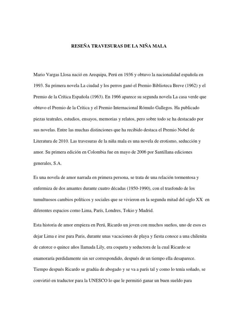 Reseña Travesuras de La Niña Mala | PDF | Novelas | Amor