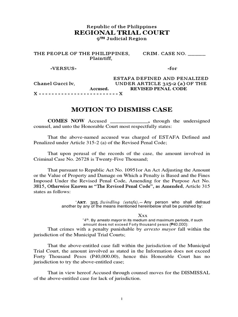 MOTION To DISMISS (Lack of Jurisdiction) | PDF MOTION To DISMISS (Lack of Jurisdiction) | PDF