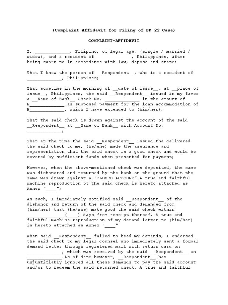 Complaint Affidavit For Filing of BP 22 Case | PDF | Affidavit | Banking