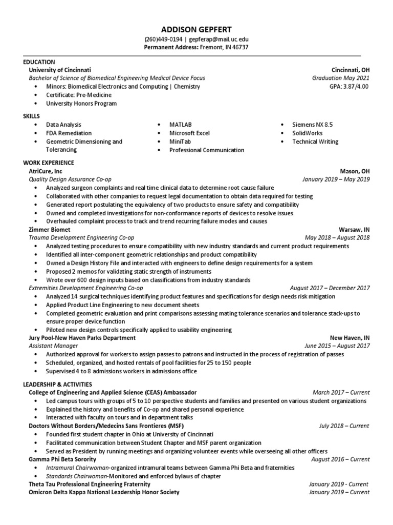 Addison Gepfert Resume | PDF | Fraternities And Sororities | Biomedical ...