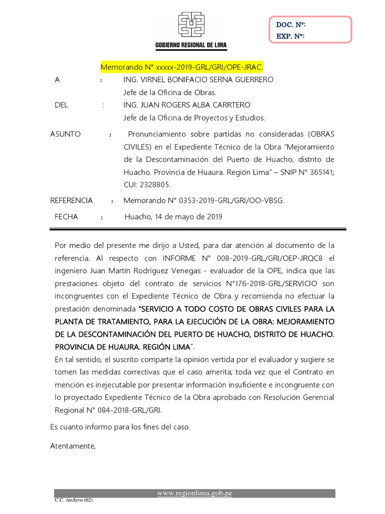 Memo A Obras #XXXX - Consulta Obras Civiles Pto Huacho | PDF