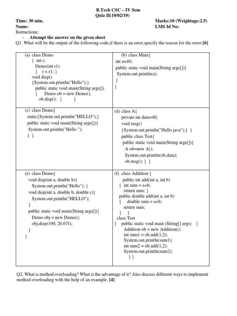 B.Tech CSC - IV Sem Quiz II (19/02/19) Time: 30 Min. Marks:10 ...