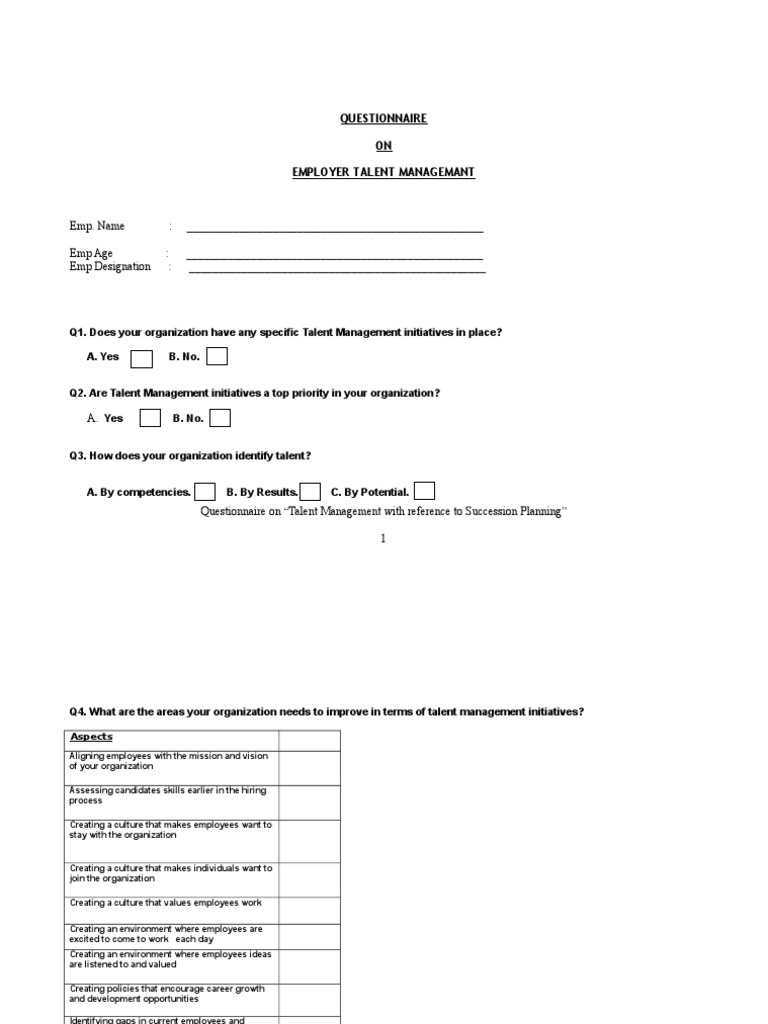 Talent Management Employer Questionnaire | PDF | Talent Management ...