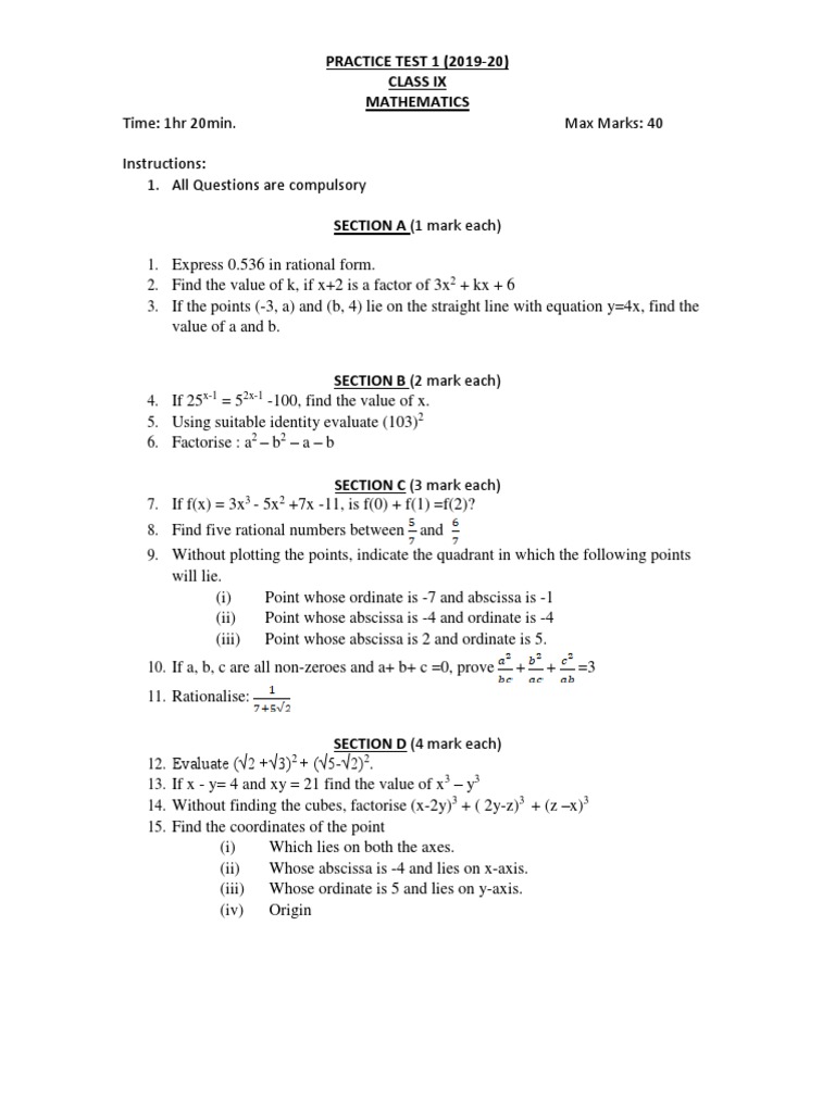 Practice Test IX Maths | PDF
