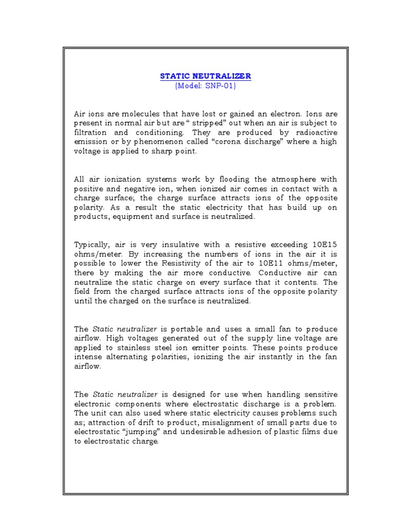 Static Neutralizer: (Model: SNP-01) | PDF | Electric Charge ...