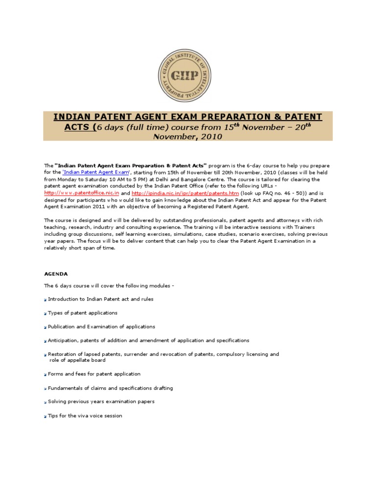 Indian Patent Agent Exam Course 2010 | PDF | Patent Application | Patent
