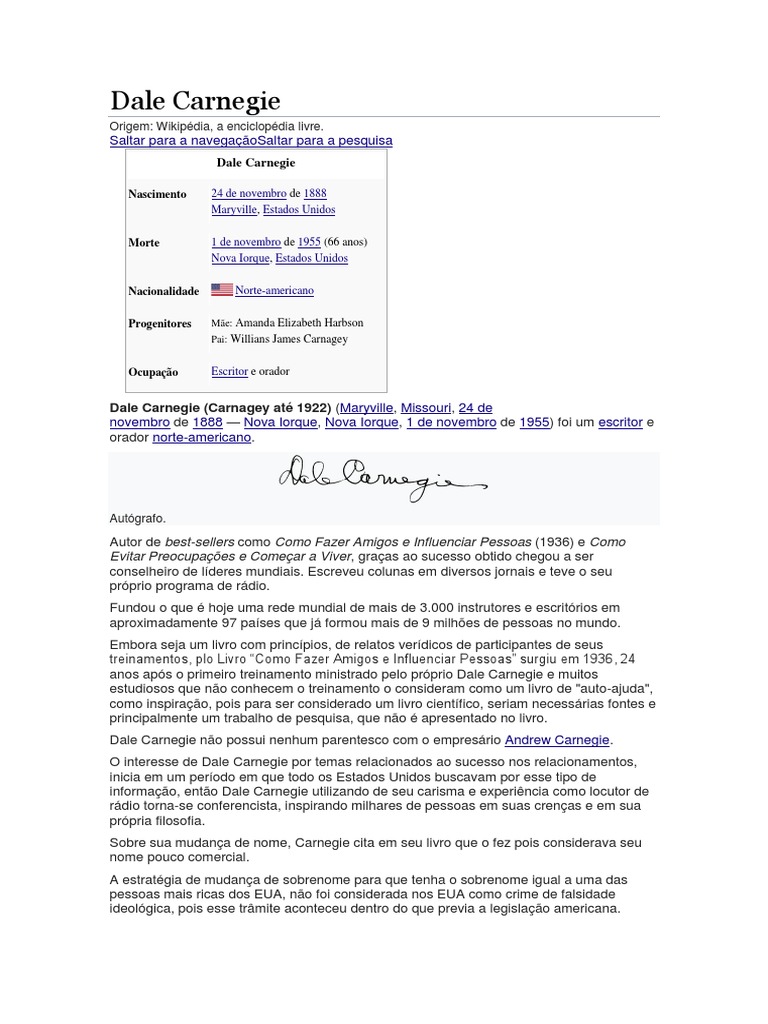 Perfil de vida e obra do escritor e conferencista norte-americano Dale ...