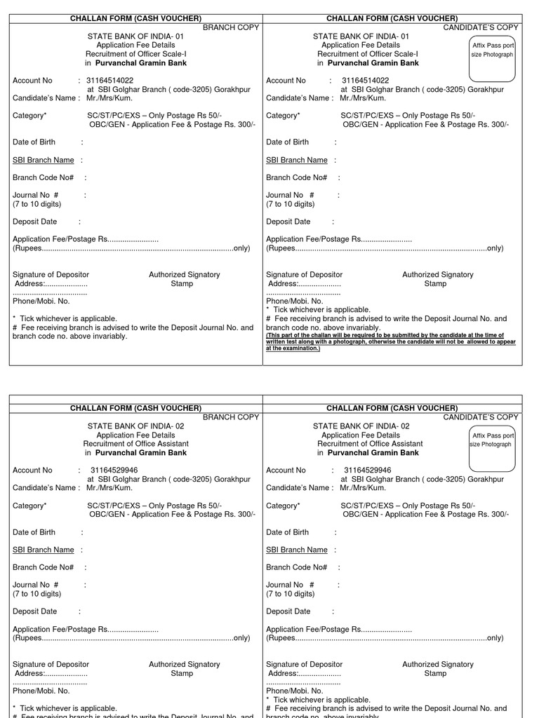 Challan Form (Cash Voucher) Challan Form (Cash Voucher) : Affix Pass ...