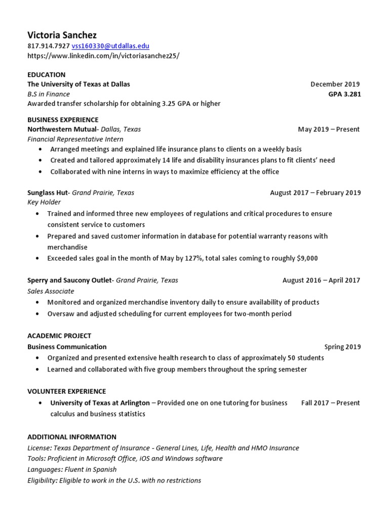 Victoria Sanchez Jsom Updated Resume | PDF | Insurance | Business