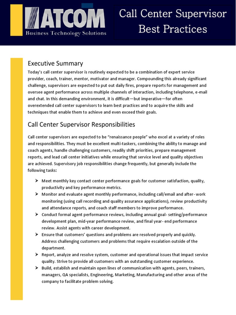 Call Center Supervisor Best Practices | PDF | Call Centre | Goal