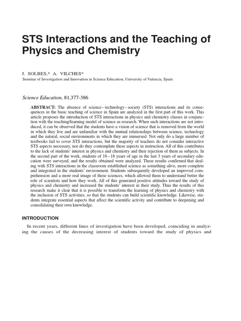 STS Interactions and The Teaching of Physics and Chemistry: Science Education, 81,377-386 | PDF ...