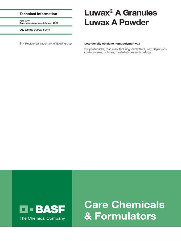 Care Chemicals & Formulators. Luwax A Granules Luwax A Powder. Technical Information | PDF | Wax ...