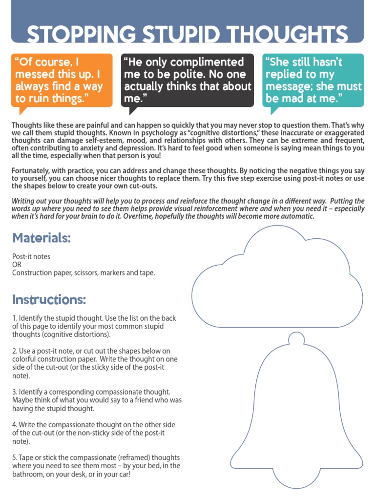 Worksheet - Stopping Stupid Thoughts | PDF | Feeling | Cognitive Therapy