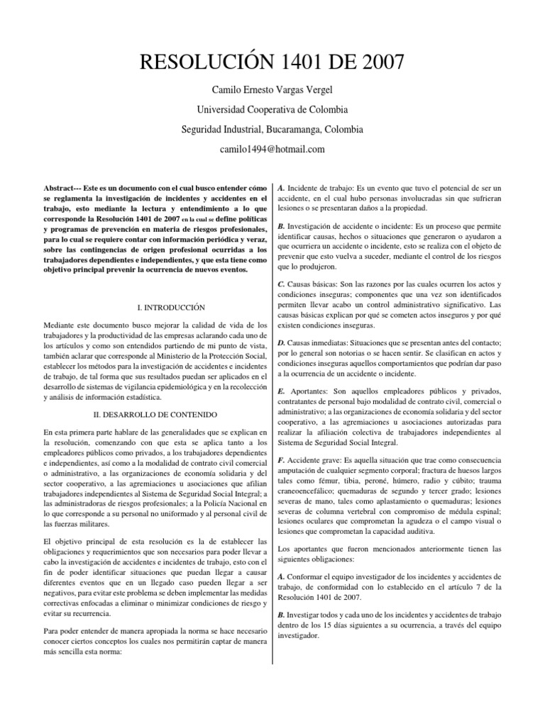 Resolución 1401 de 2007 | Seguridad y salud ocupacional | Información