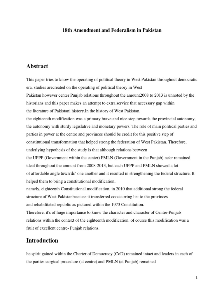 18th Amendment and Federalism in Pakistan Project PS | PDF | Pakistan ...