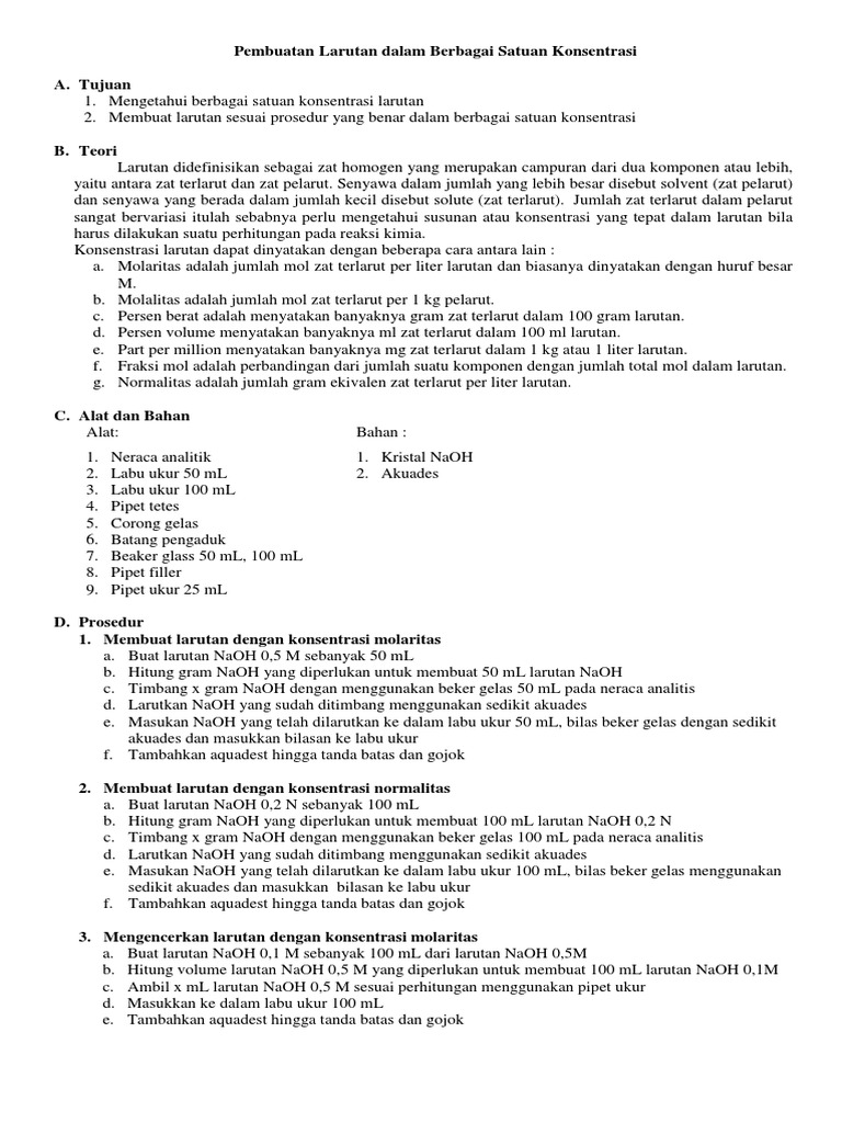 Pembuatan Larutan Dalam Berbagai Satuan Konsentrasi | PDF