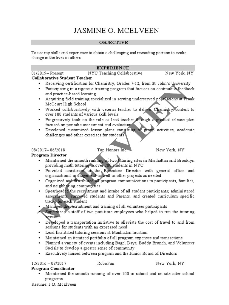 Jasmine Mcelveen Resume | PDF | Mentorship | Teachers