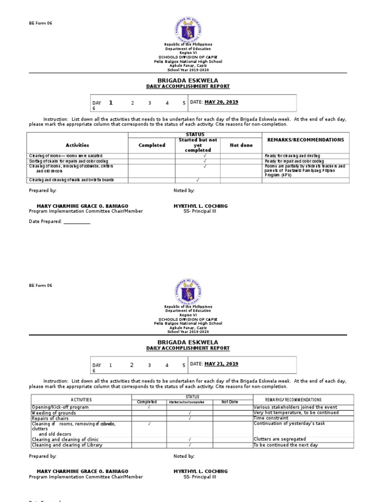 Brigada Eskwela Daily Report 2019 | PDF