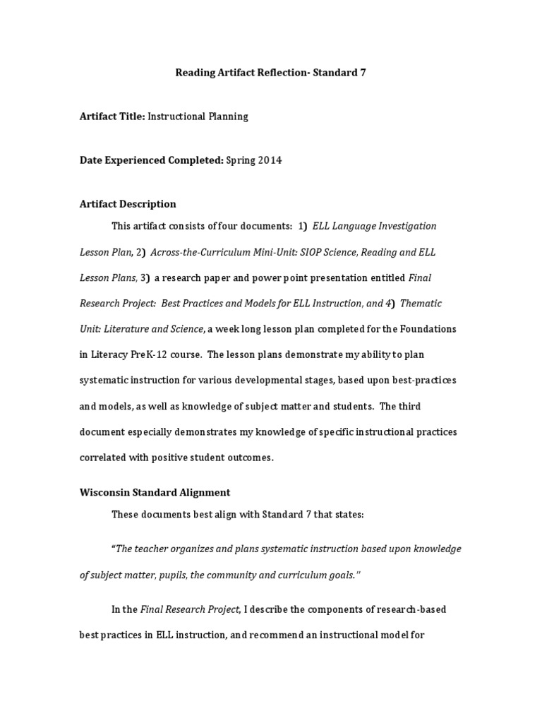 Reading Artifact Reflectionstandard7planning | PDF | Lesson Plan | Learning