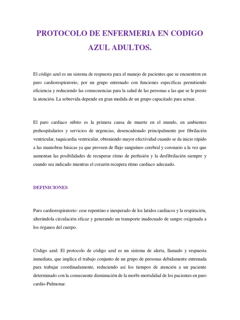 Protocolo de Enfermeria en Codigo Azul Adultos | PDF | Paro cardíaco ...