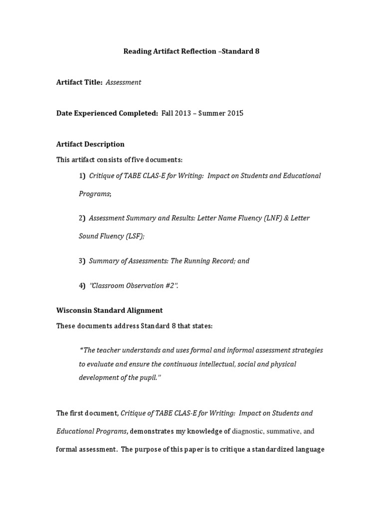 Reading Artifact Reflection - Standard 8: Programs | PDF | Educational ...