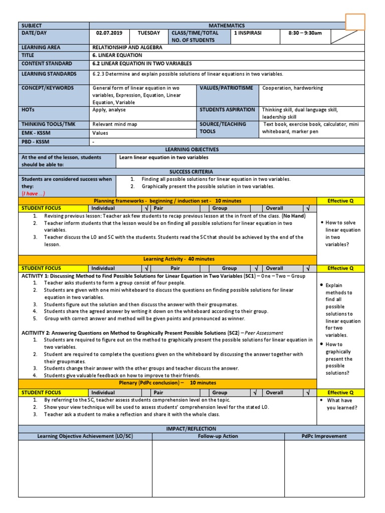 Lesson Plan For Linear Equation | PDF | Equations | Variable (Mathematics)