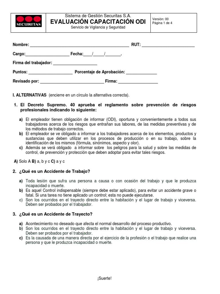PRUEBA ODI (Evaluacion) | PDF | Seguridad y salud ocupacional | Bienestar