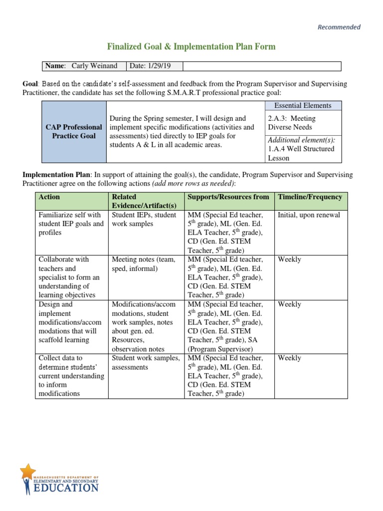 Finalized Goal & Implementation Plan Form: Additional Element(s) | PDF ...