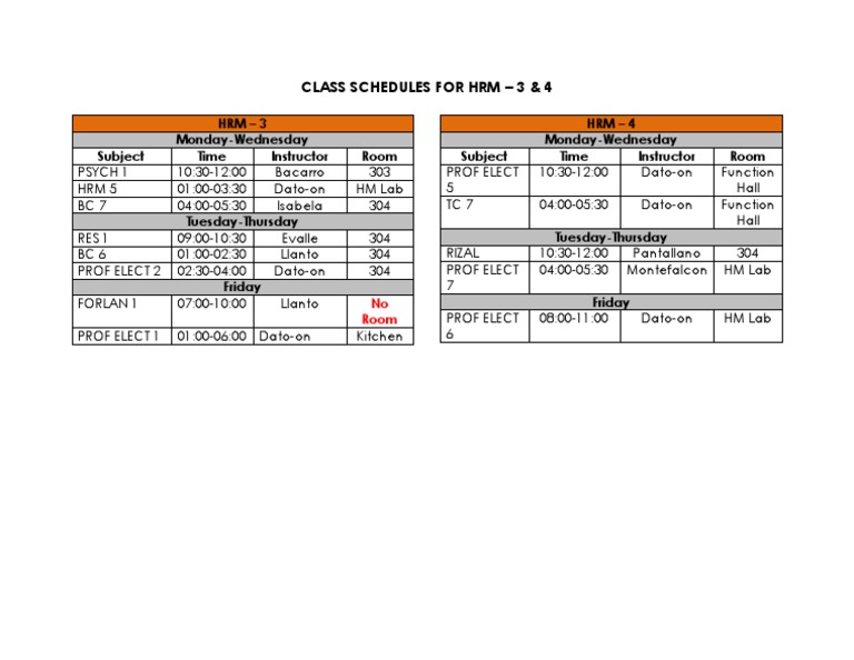 Class Schedules For HRM 3-4 | PDF
