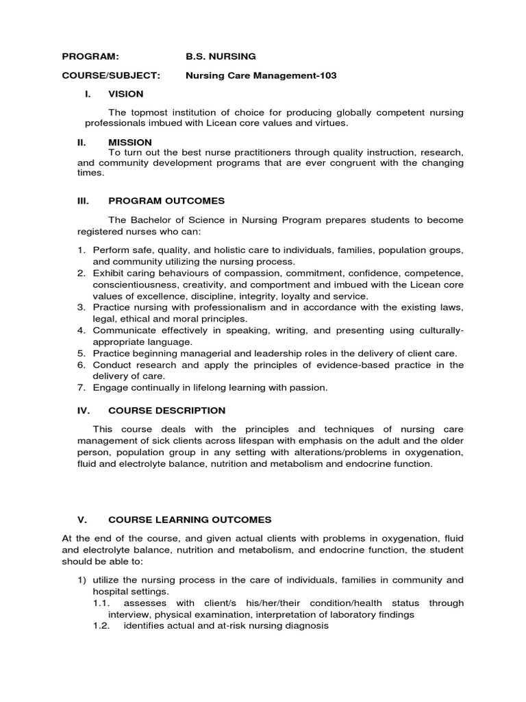 NCM 103 Syllabus Obe | PDF | Heart | Hypothyroidism